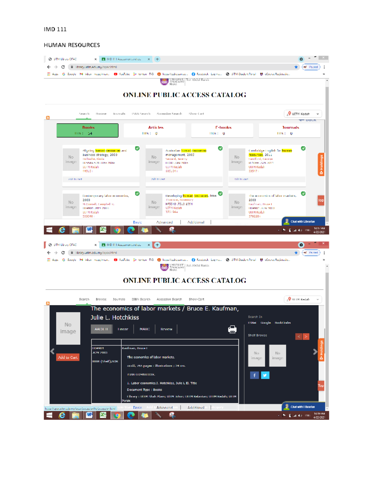 OPAC - WORK COURSE - Introduction to Cataloging - IMD 111 HUMAN RESOURCES ARTS Human and ...