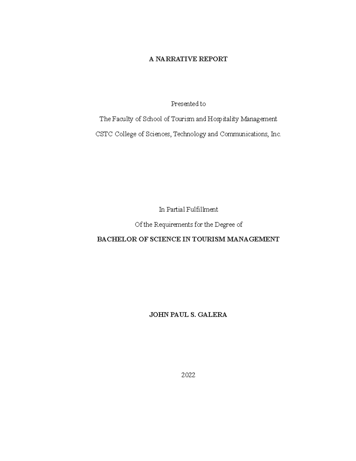 Narrative-Template - sade - A NARRATIVE REPORT Presented to The Faculty ...