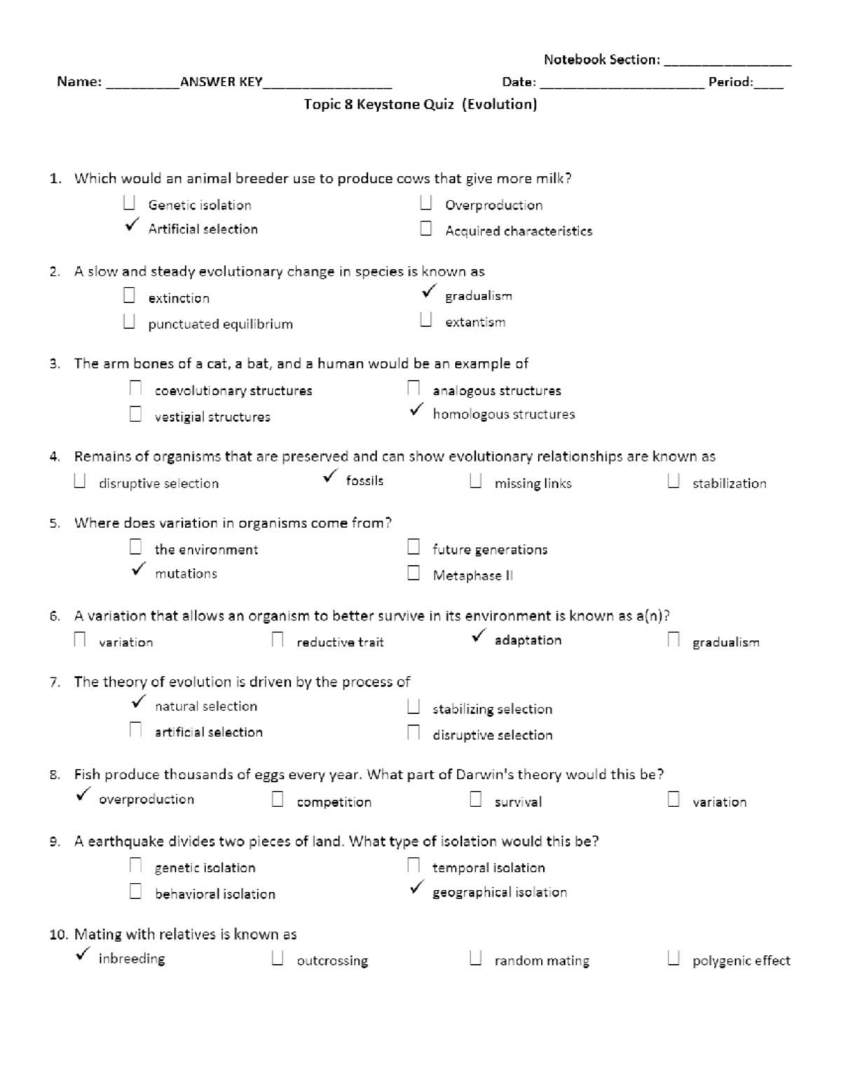 Evolution quiz and key - multiple choices - Ecology and General Biology ...