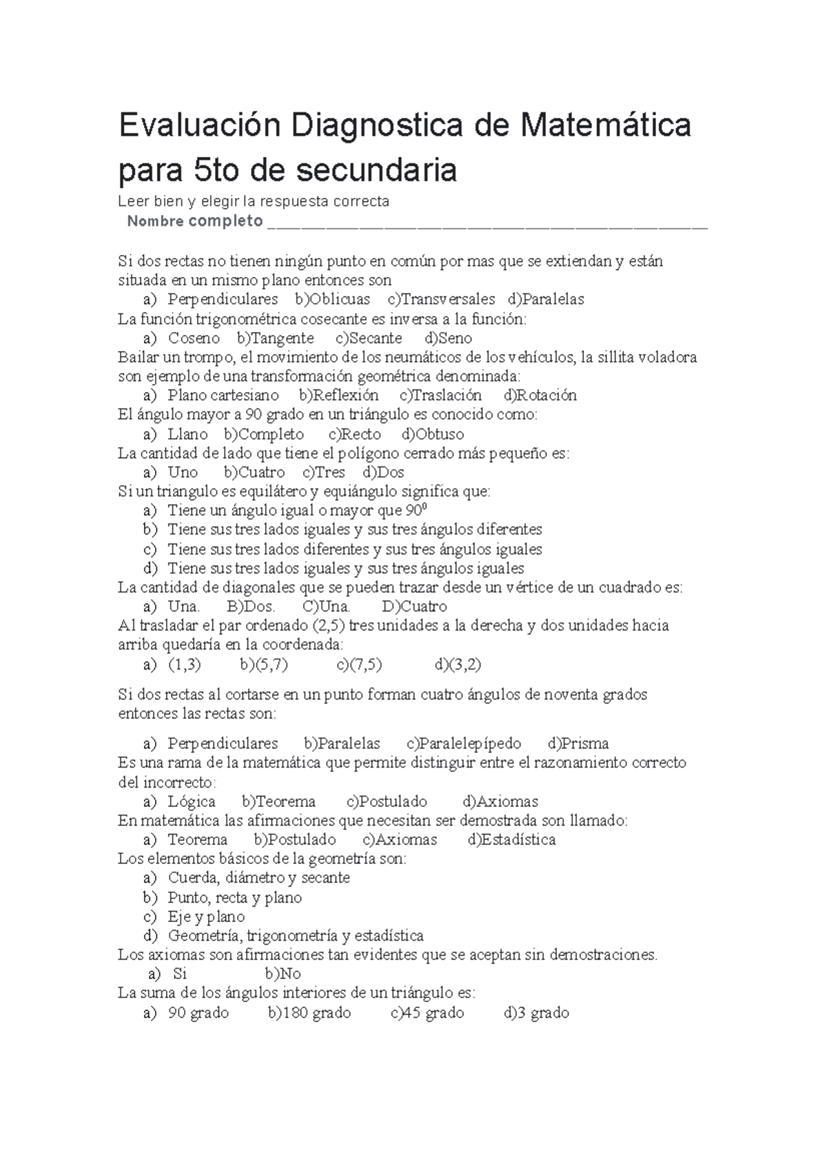 2021 diagnostica 5to - Evaluación Diagnostica de Matemática para 5to de secundaria Leer bien y ...