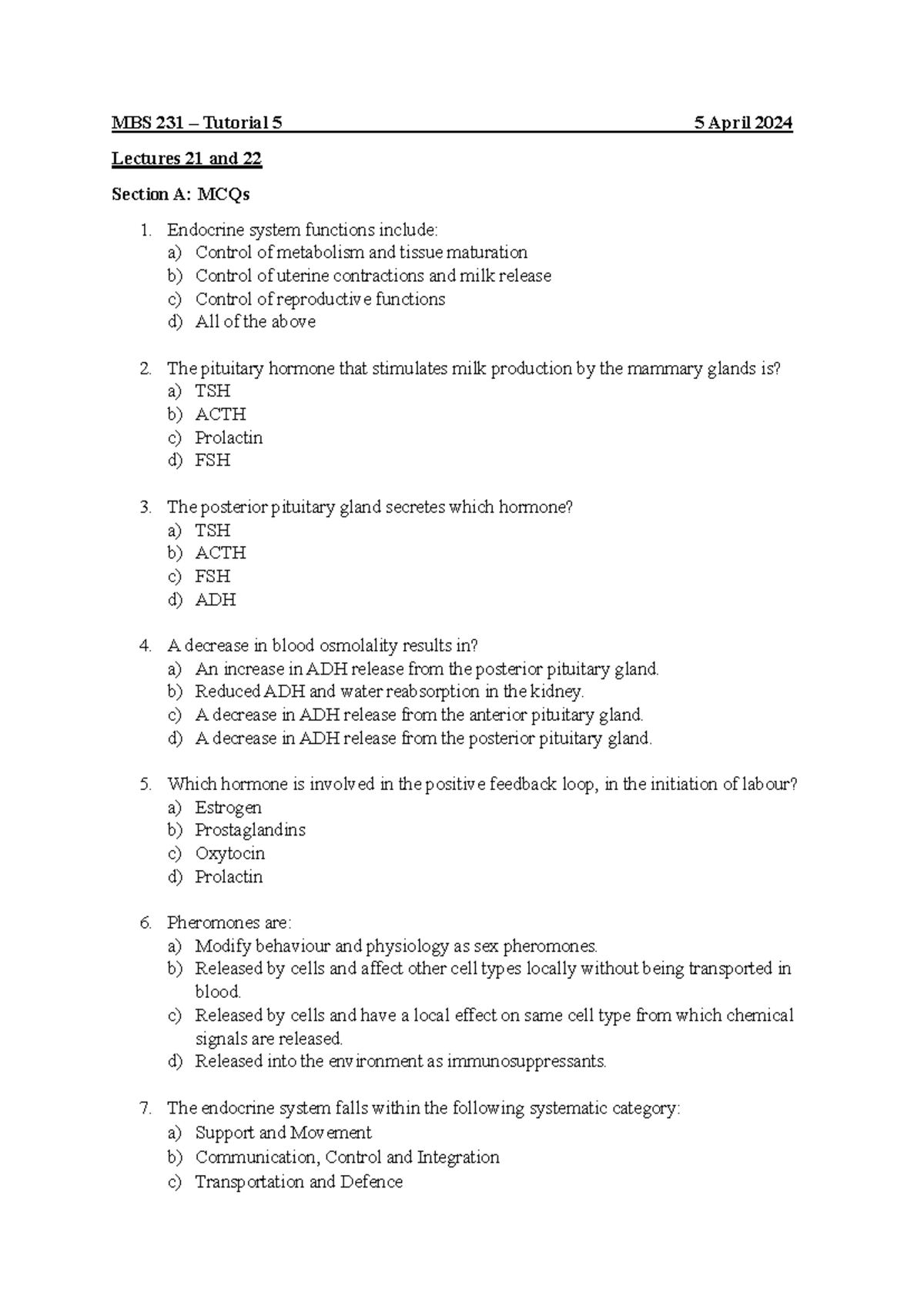 Mbs 231 Tutorial 5 Medical Biosciences Mbs 231 Tutorial 5 5 April 2024 Lectures 21 And