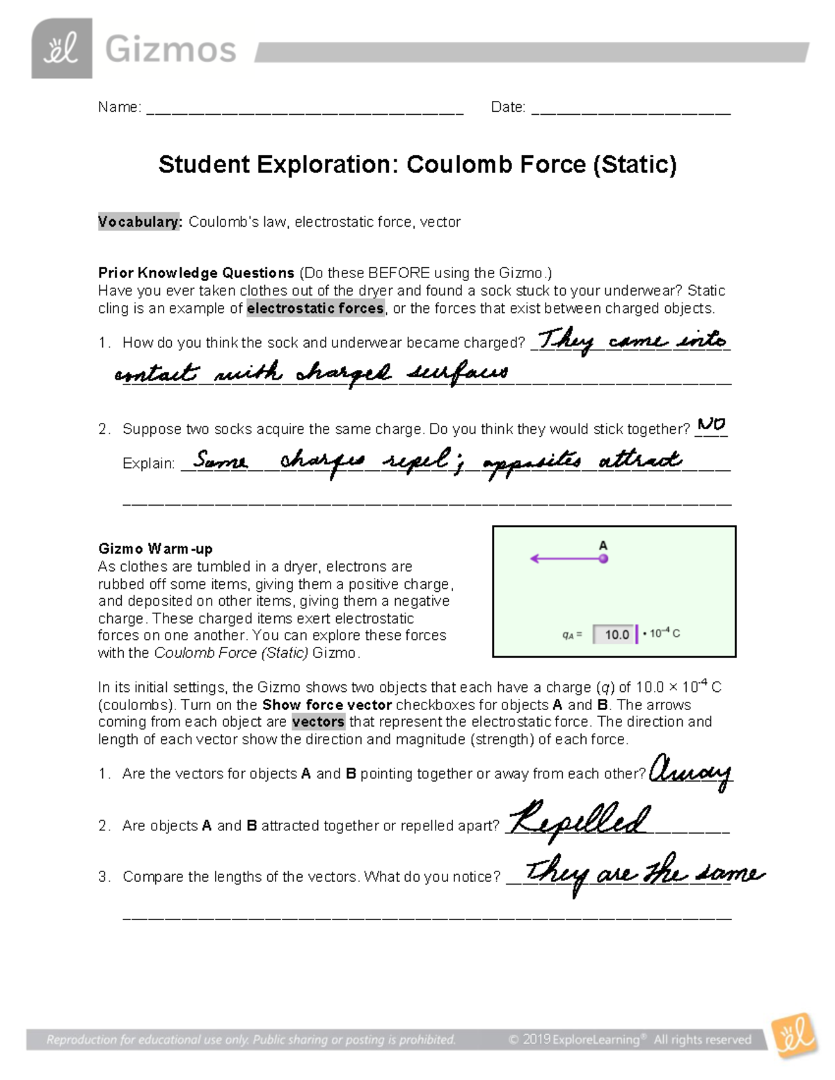 Coulomb Force SE - Explore learning gizmo answers some may be wrong or ...