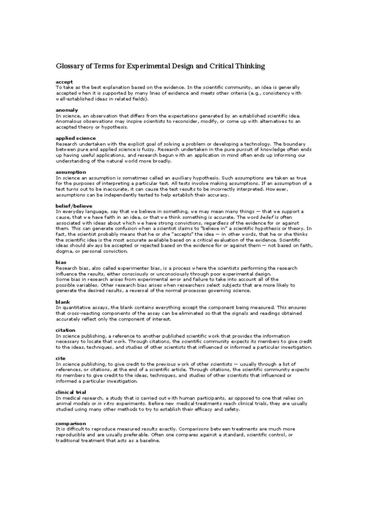 Experimental Design and Critical Analysis - Glossary of Terms for ...