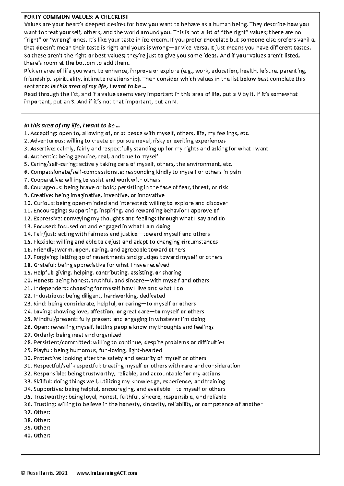 40 values checklist - 2021 - FORTY COMMON VALUES: A CHECKLIST Values ...