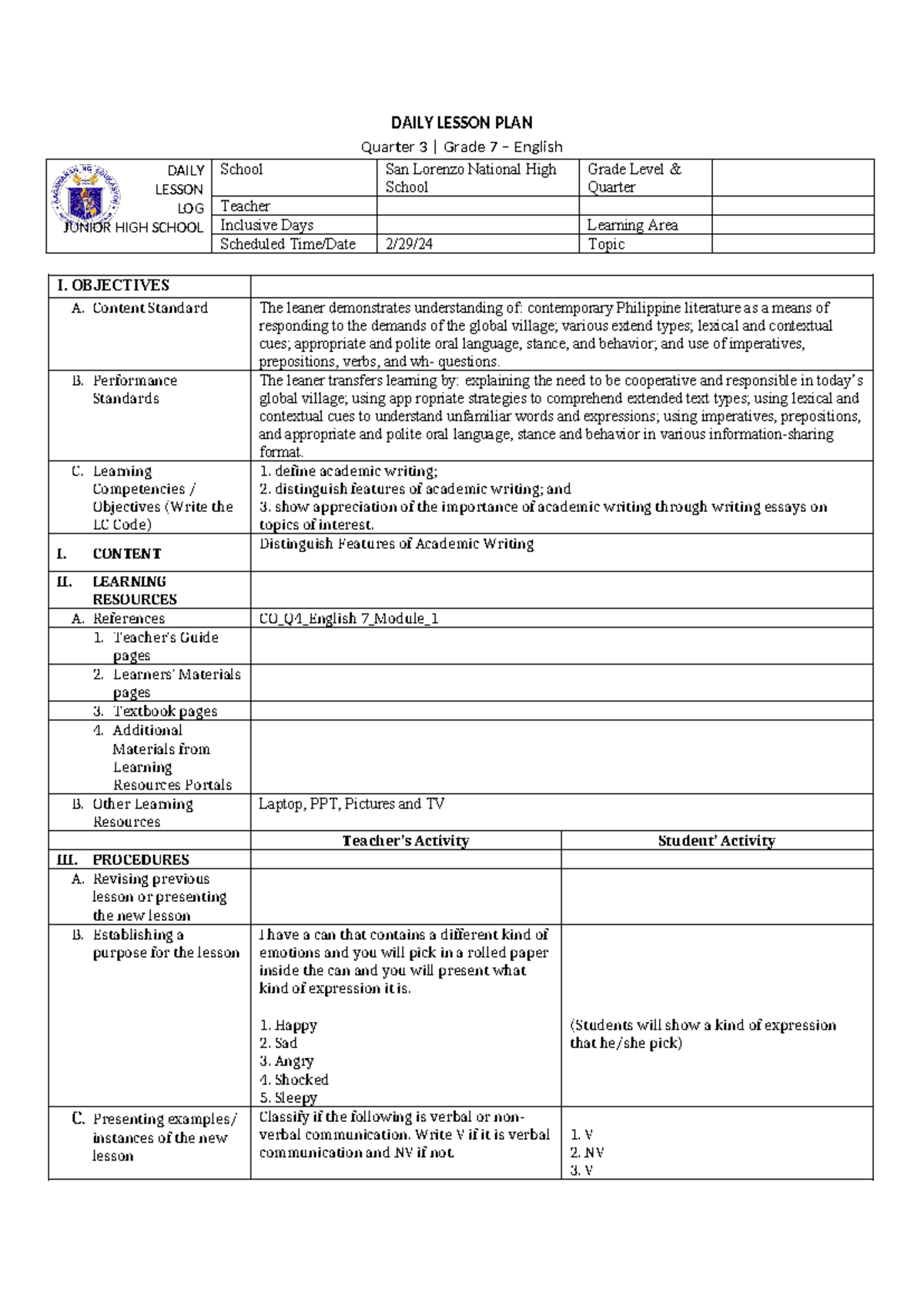 Quarter 4 Module 1 - DAILY LESSON PLAN Quarter 3 | Grade 7 – English ...
