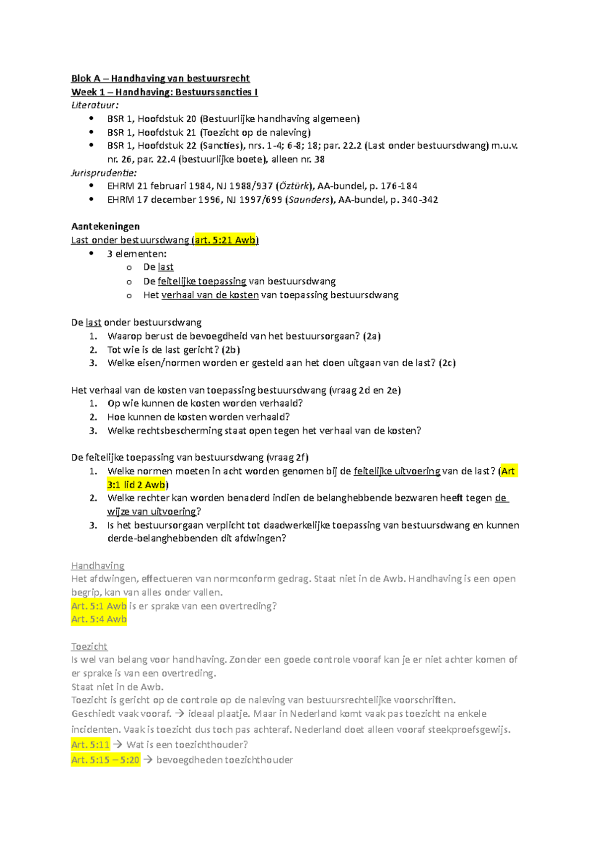 Werkgroepen, Vragen + antwoorden - Blok A – Handhaving van bestuursrecht Week 1 – Handhaving ...