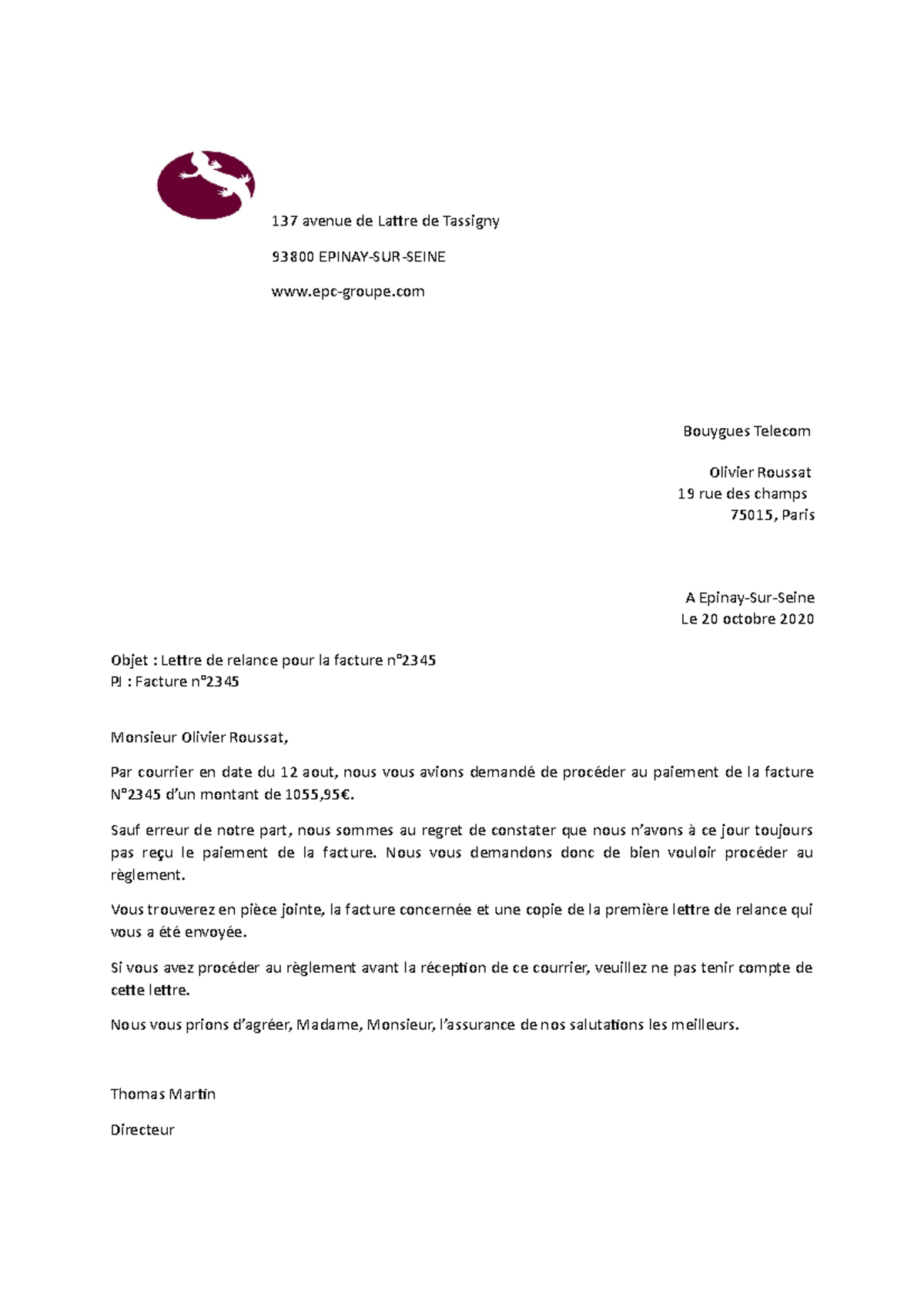 Lettre de relance stage - 137 avenue de Lattre de Tassigny 93800 EPINAY ...