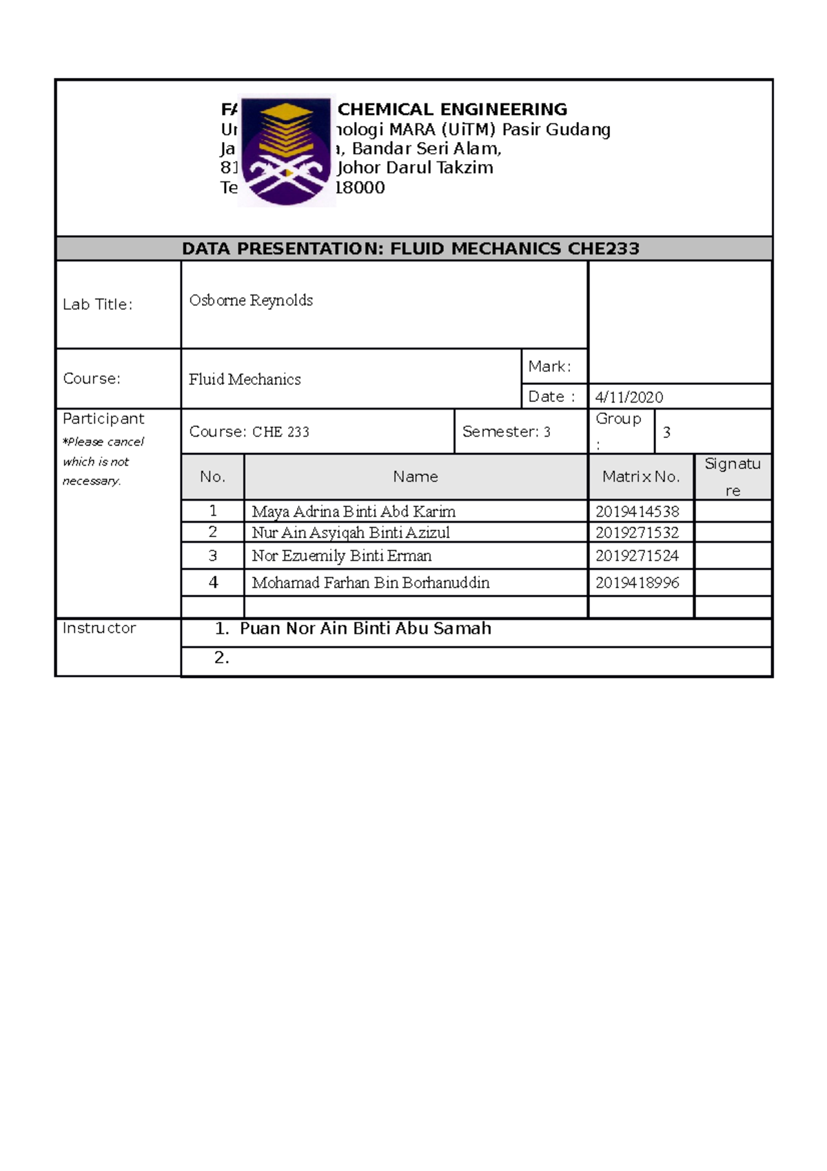 J4EH1103B Group 3 Technical Report Lab 1 - FACULTY OF CHEMICAL ...