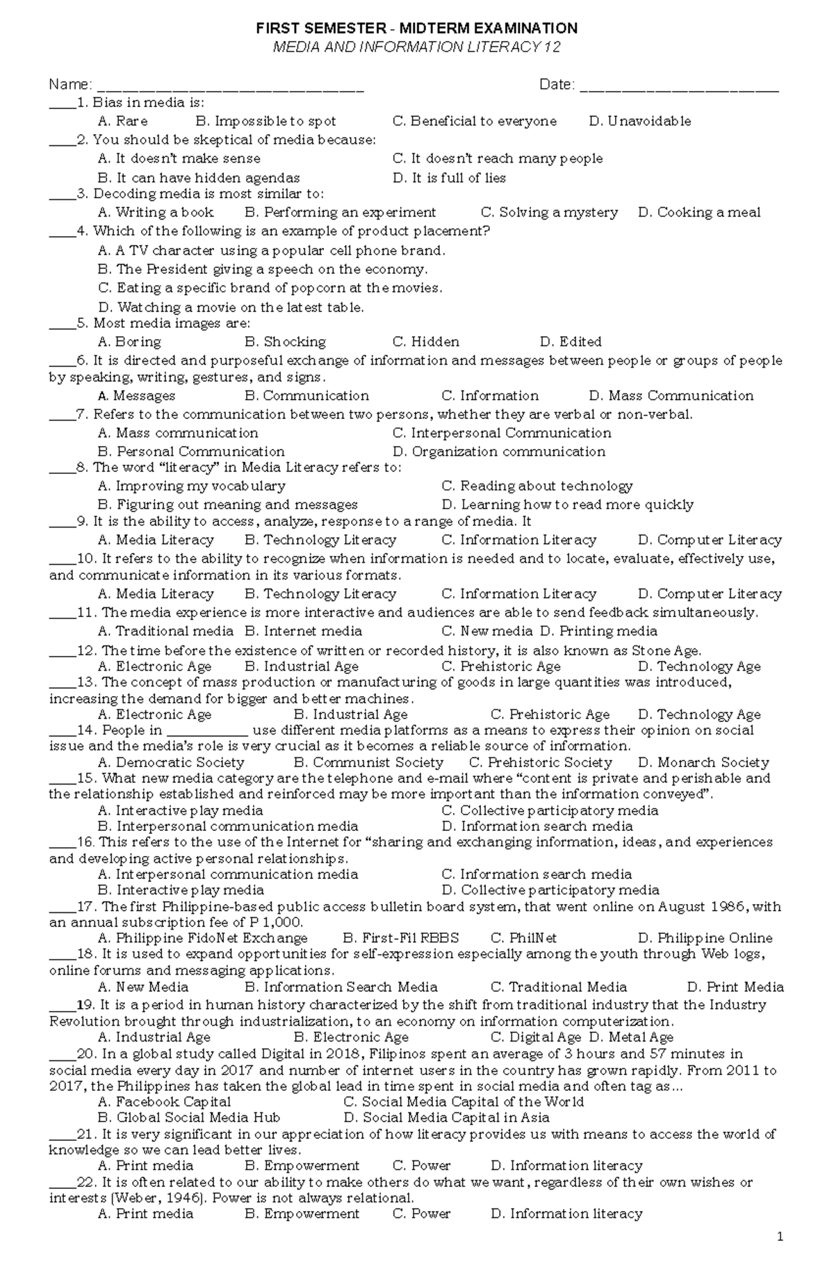 MIL 12 - midterm exam - A chapter test. - 1 FIRST SEMESTER - MIDTERM ...