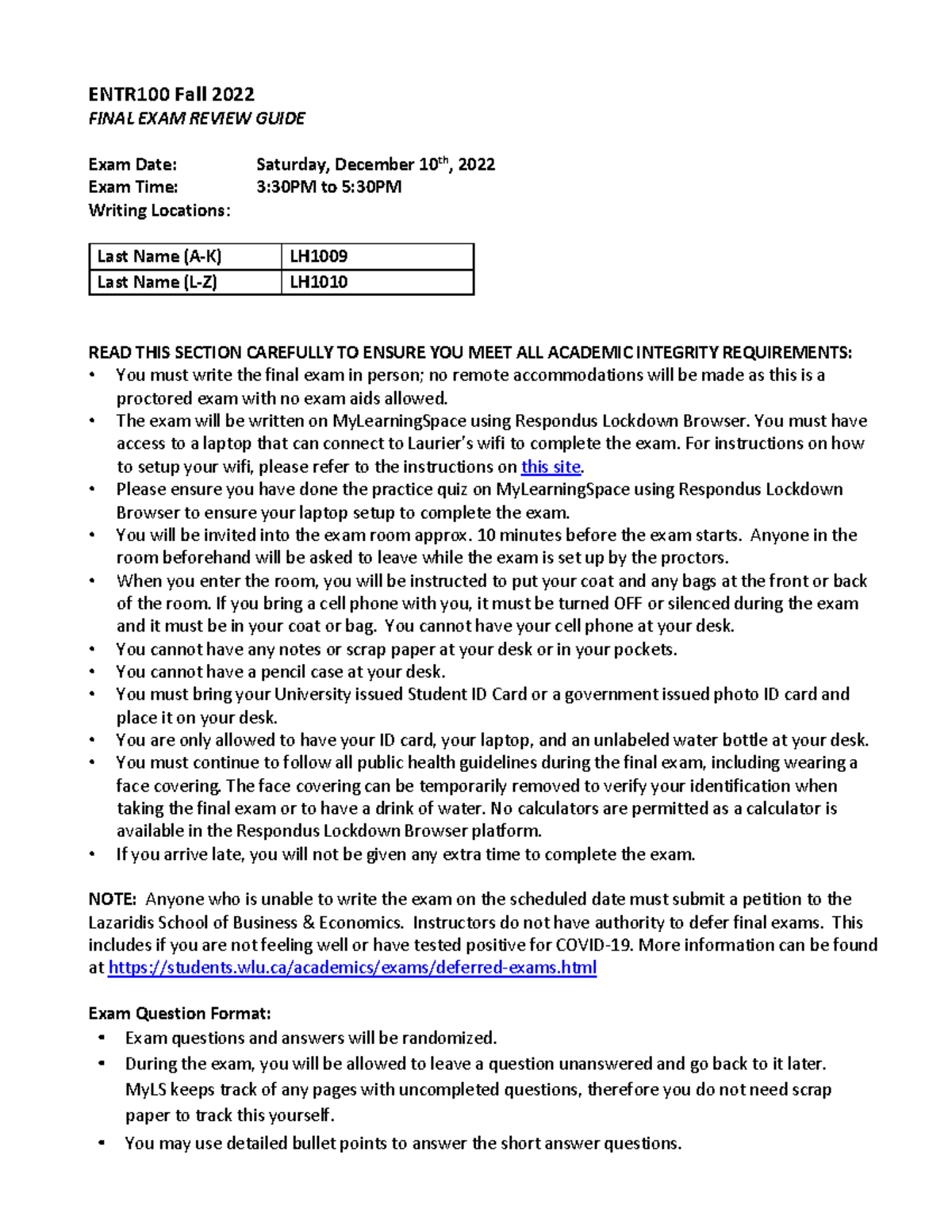 ENTR100 Fall 2022 Final Exam Review Guide - Waterloo - ENTR100 Fall ...