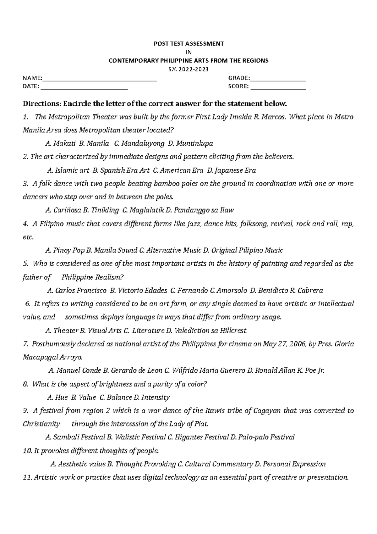 POST TEST Contempo - references - POST TEST ASSESSMENT IN CONTEMPORARY ...