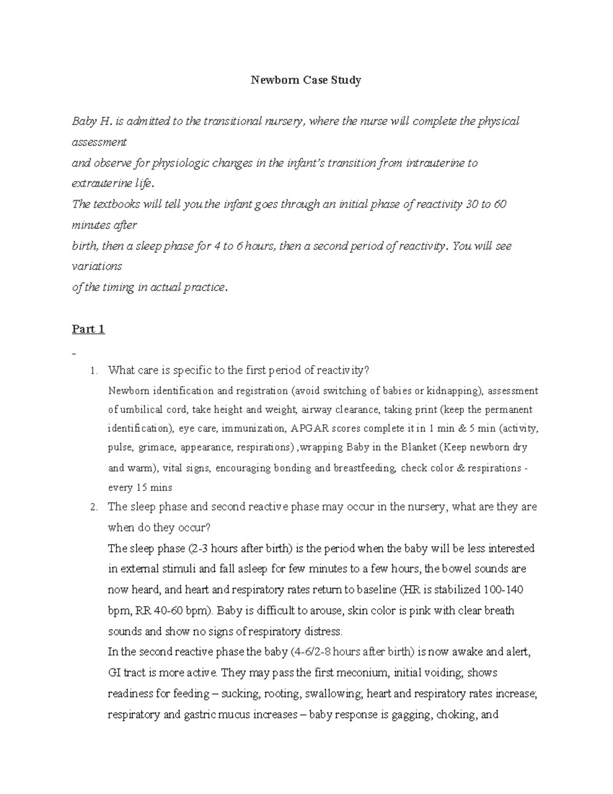 Newborn Case Study - Newborn Case Study Baby H. is admitted to the ...