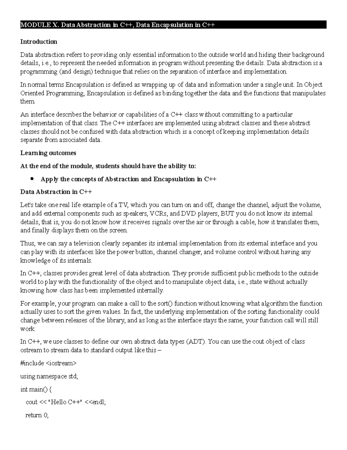 Module X. Data Abstraction in C++, Data Encapsulation in C++ - MODULE X ...