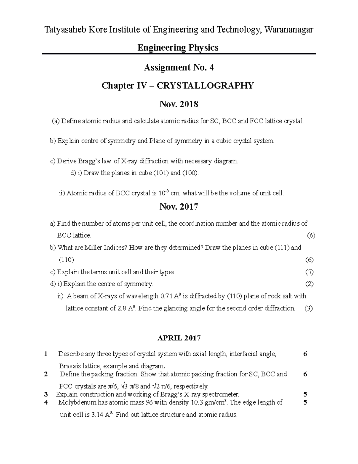 Phy Assignment Chapter IV - Tatyasaheb Kore Institute of Engineering and Technology, Warananagar ...