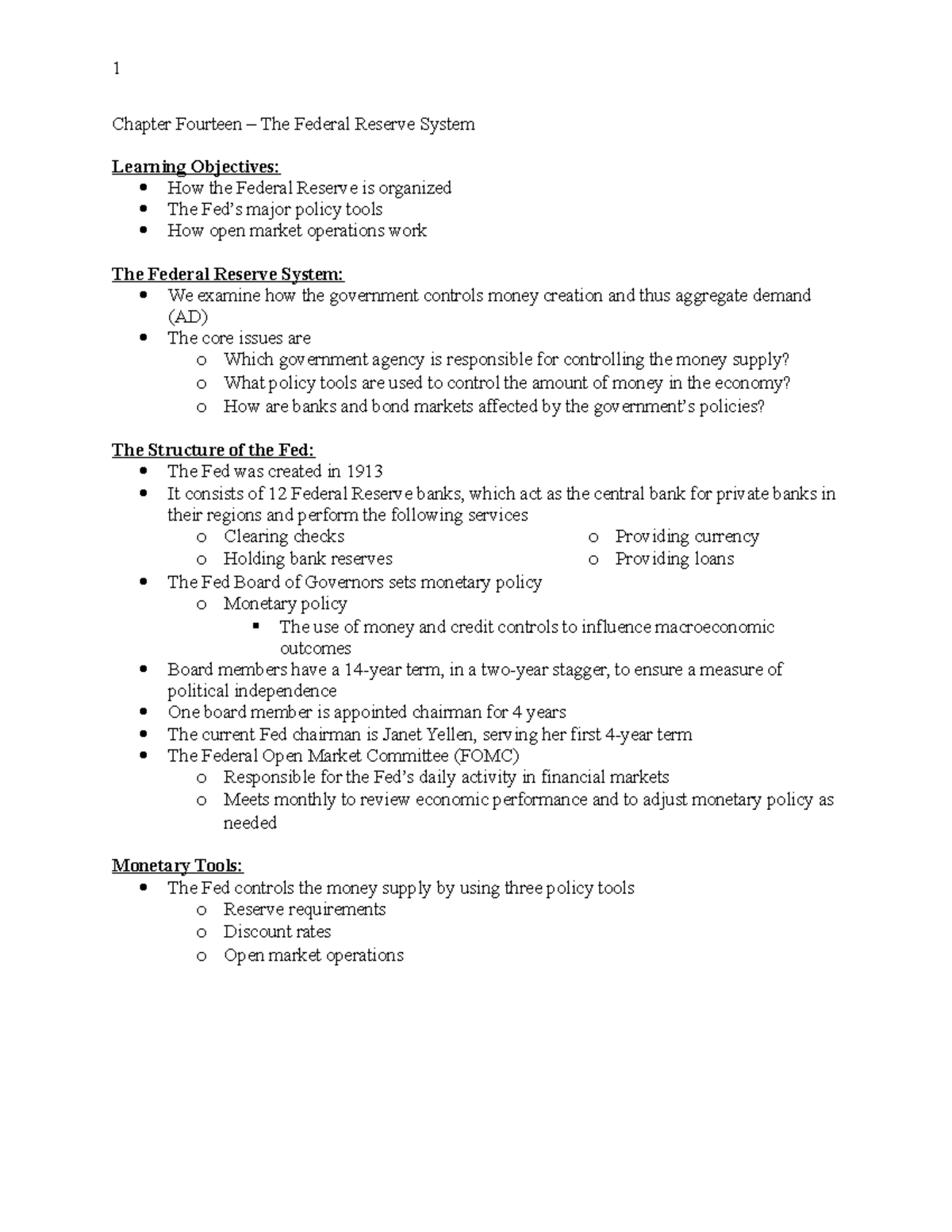 Chapter Fourteen Notes - 1 Chapter Fourteen The Federal Reserve System ...