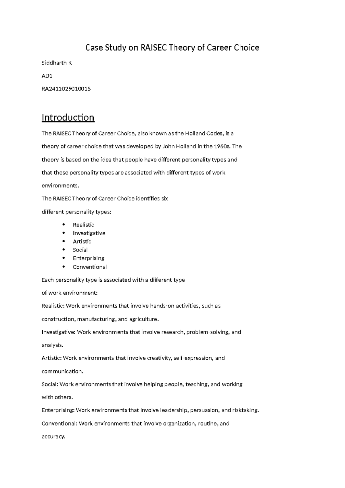 Case Study on Raisec Theory of Career Choice - Case Study on RAISEC Theory of Career Choice ...