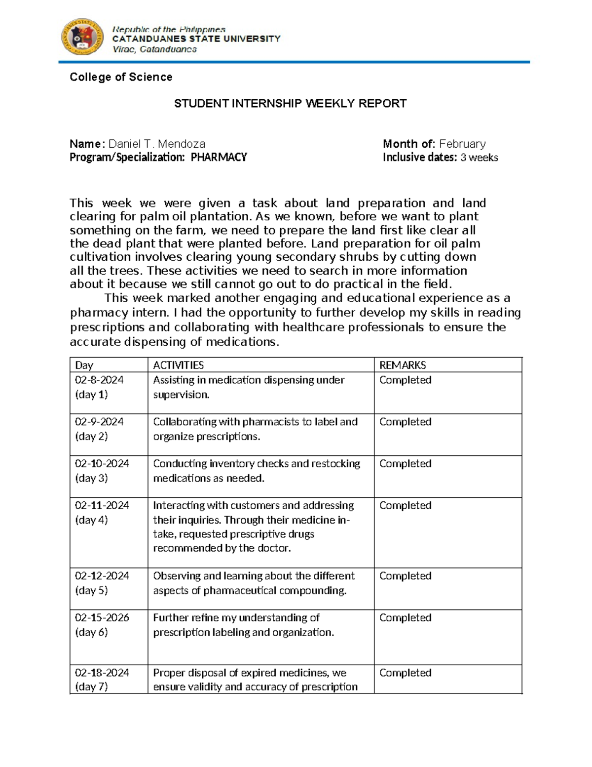 Weekly report pharma - STUDY SMART - College of Science STUDENT ...