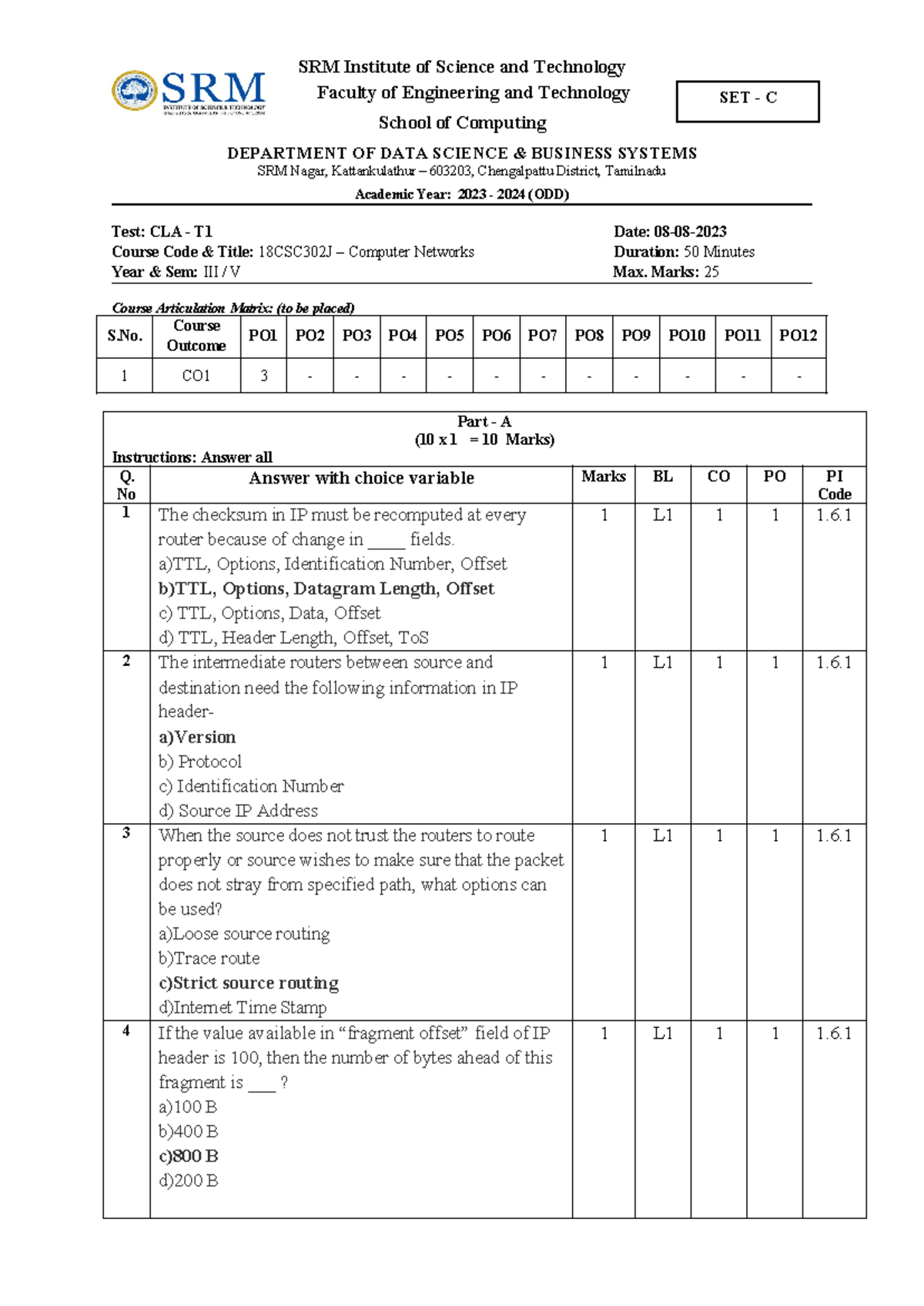Cn Ct 1 Set C Answer Key Srm Institute Of Science And Technology Faculty Of Engineering And