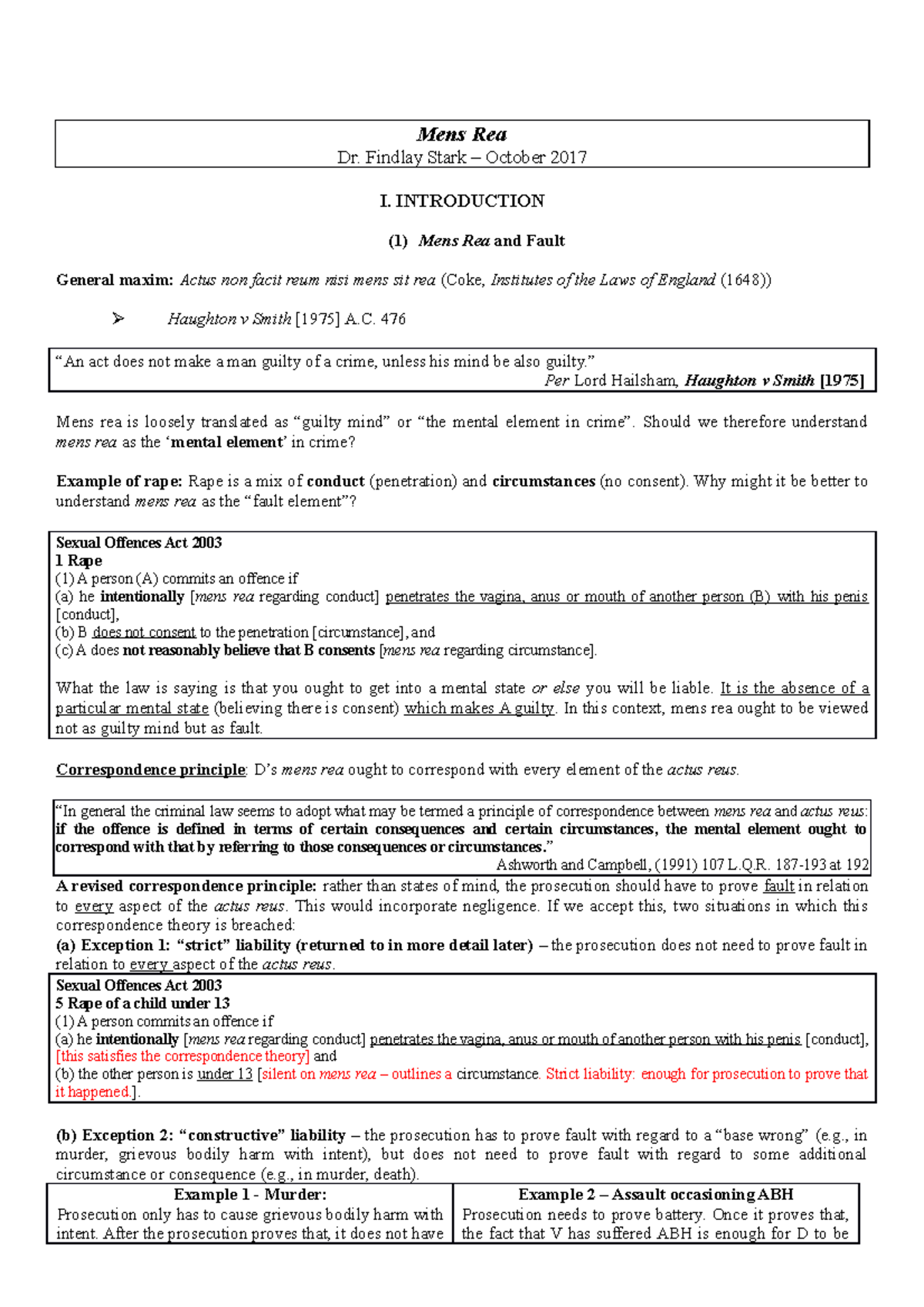 2b. Mens Rea 2 - More notes on mens rea - Mens Rea Dr. Findlay Stark ...