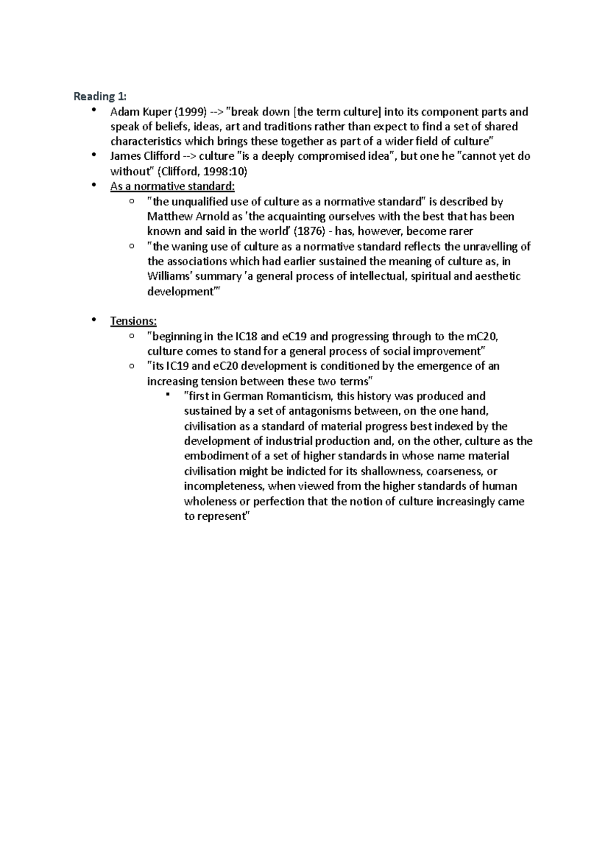 Sociology - culture reading - Reading 1: Adam Kuper (1999) -> "break ...