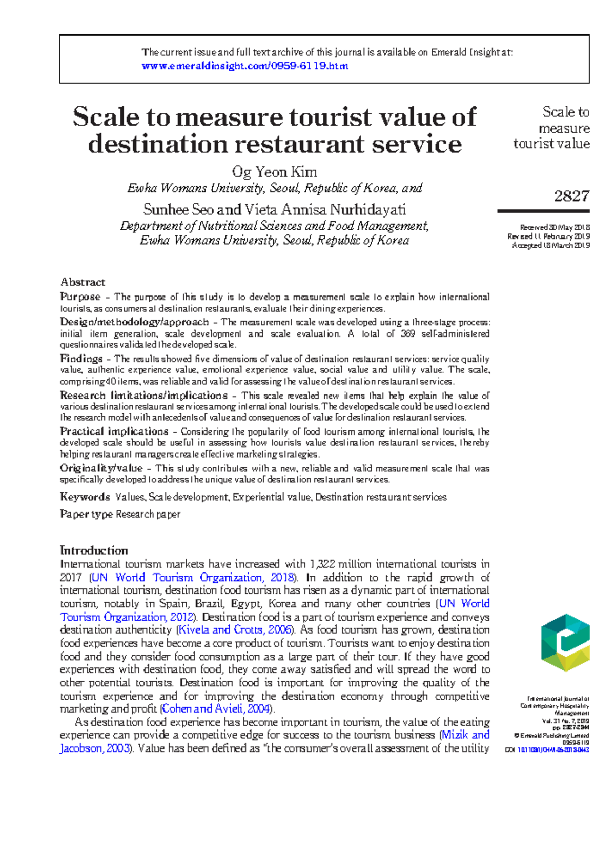 Scale to measure tourist value of destination restaurant service ...