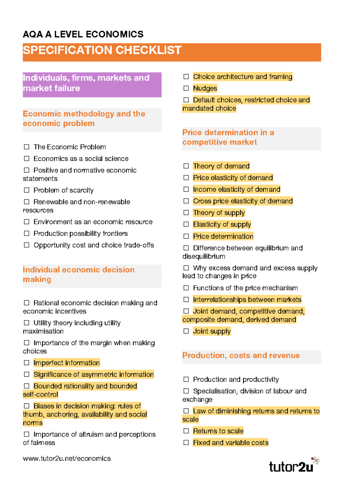 AQA A Level Economics Checklist - AQA A LEVEL ECONOMICS SPECIFICATION ...