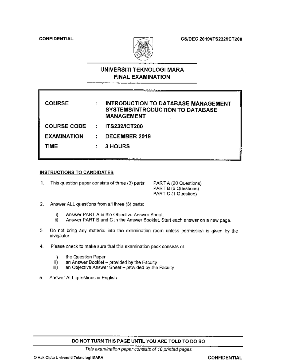 Past year question ICT200 2020 - ####### UNIVERSITI TEKNOLOGI MARA ...