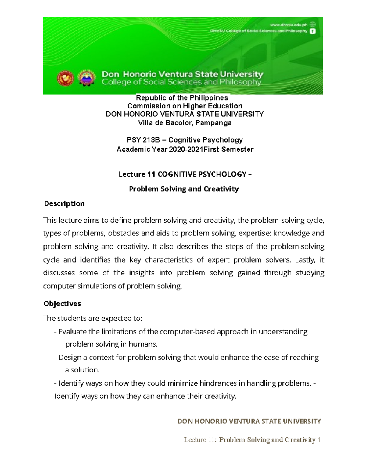 Lecture 11 Problem Solving and Creativity - Republic of the Philippines ...
