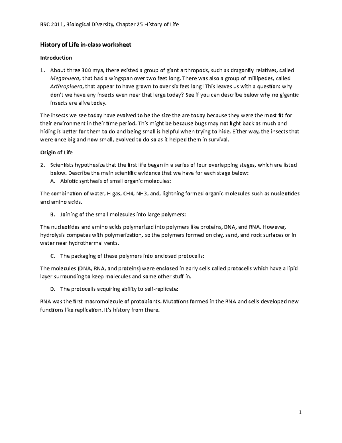 History of Life In Class Student Worksheet - BSC 2011, Biological ...