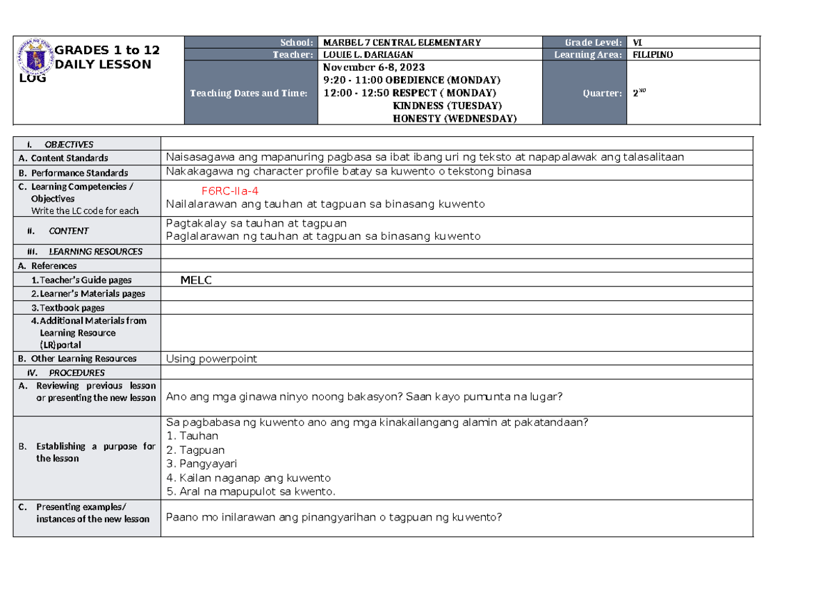Filipino - GRADES 1 to 12 DAILY LESSON LOG School: MARBEL 7 CENTRAL ...