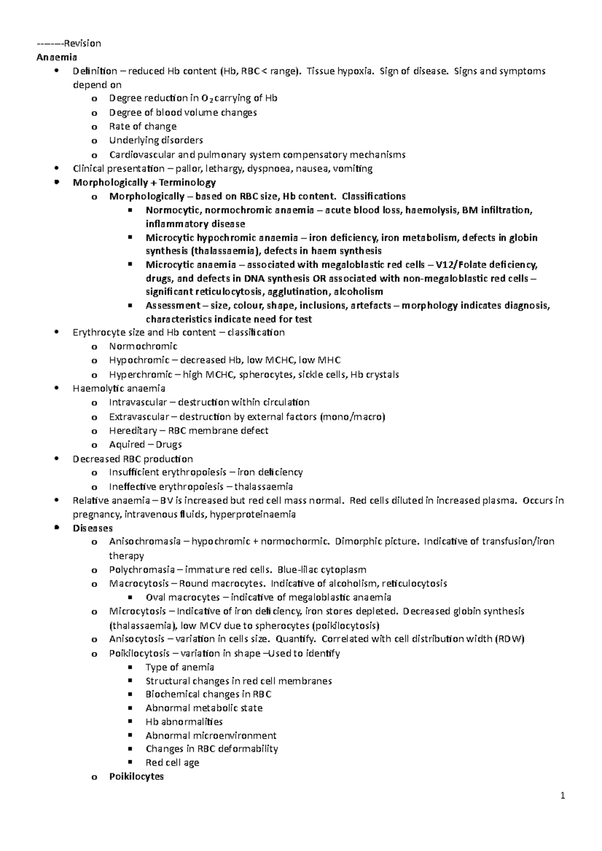 Haem summary notes -Revision Anaemia Definition – reduced Hb content ...