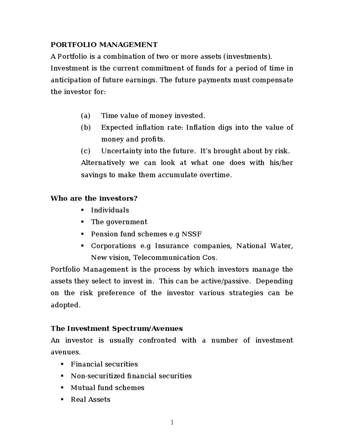 Portfolio Analysis (BBA) - PORTFOLIO MANAGEMENT A Portfolio is a ...