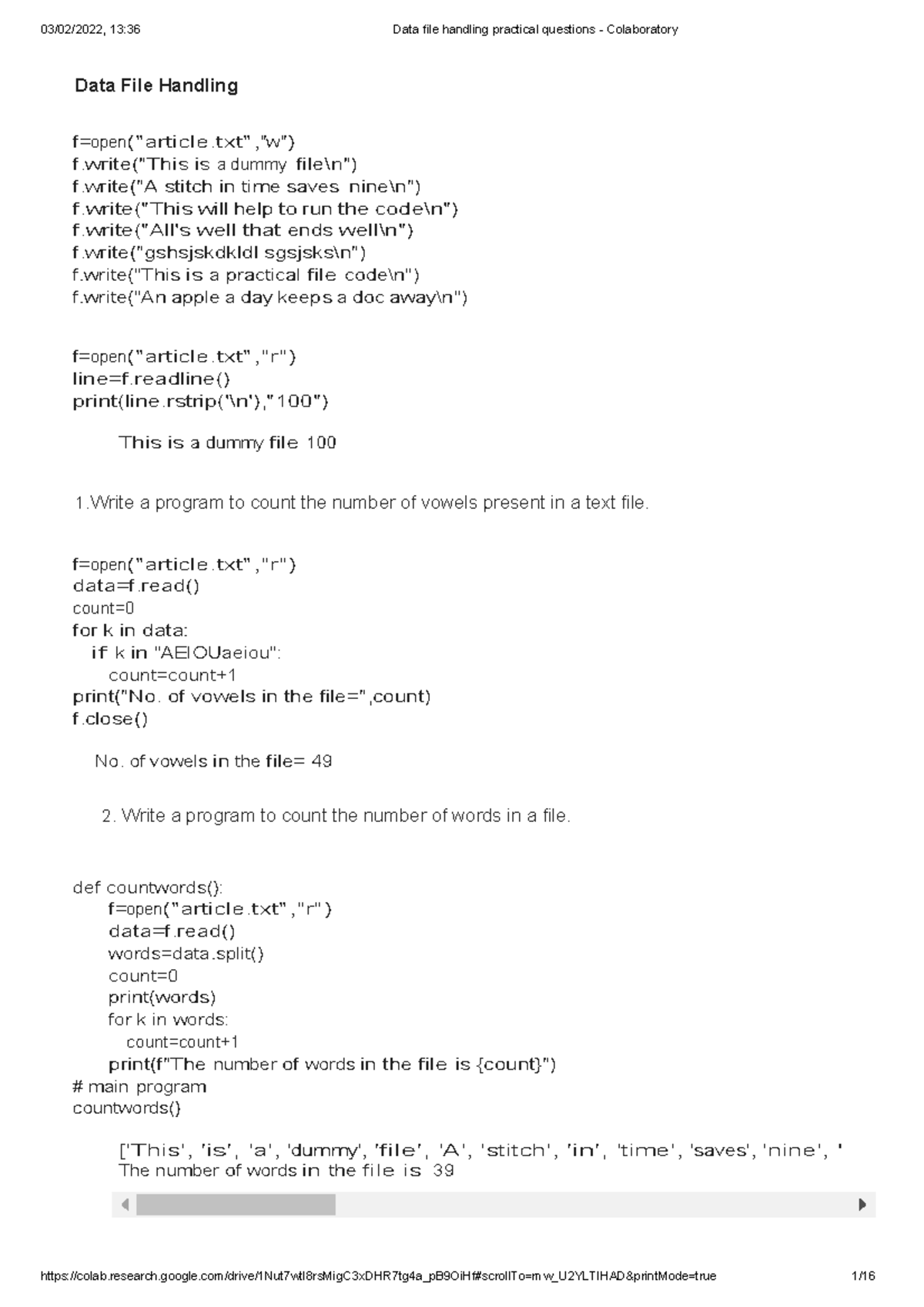 Data file handling practical questions - Colaboratory-converted - Data File Handling f= - Studocu