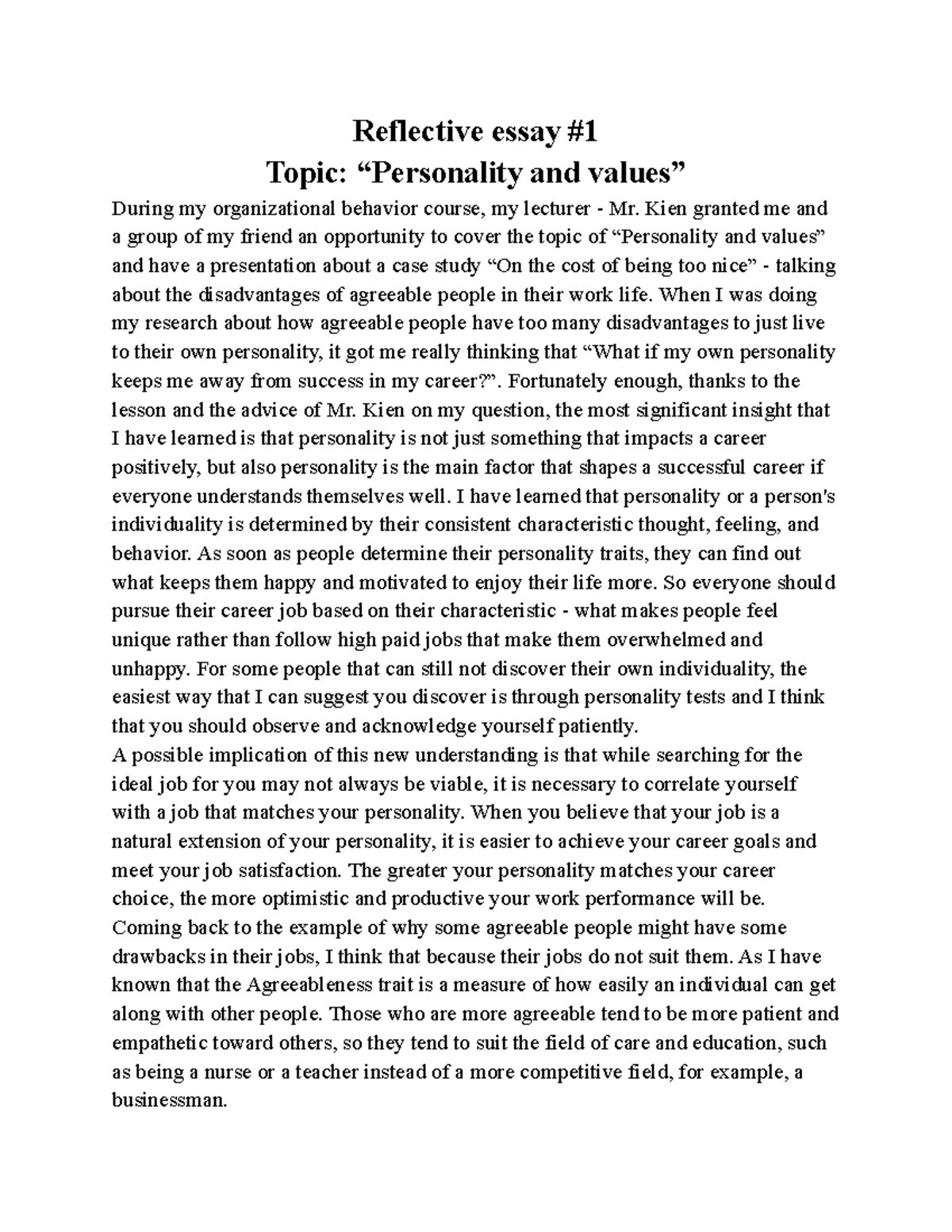 Hoang - Nguyen Viet - 11212368 - Reflective essay Topic: “Personality ...