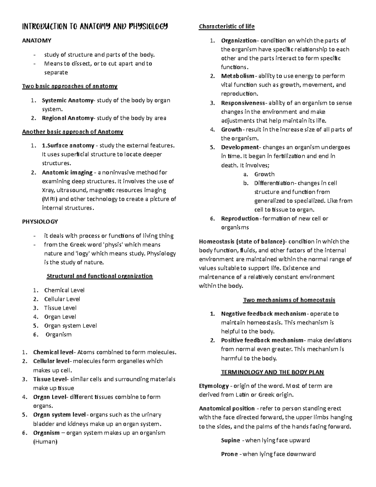 Prelim Reviewer - anaphy lecture - INTRODUCTION TO ANATOMY AND PHYSIOLOGY ANATOMY study of ...