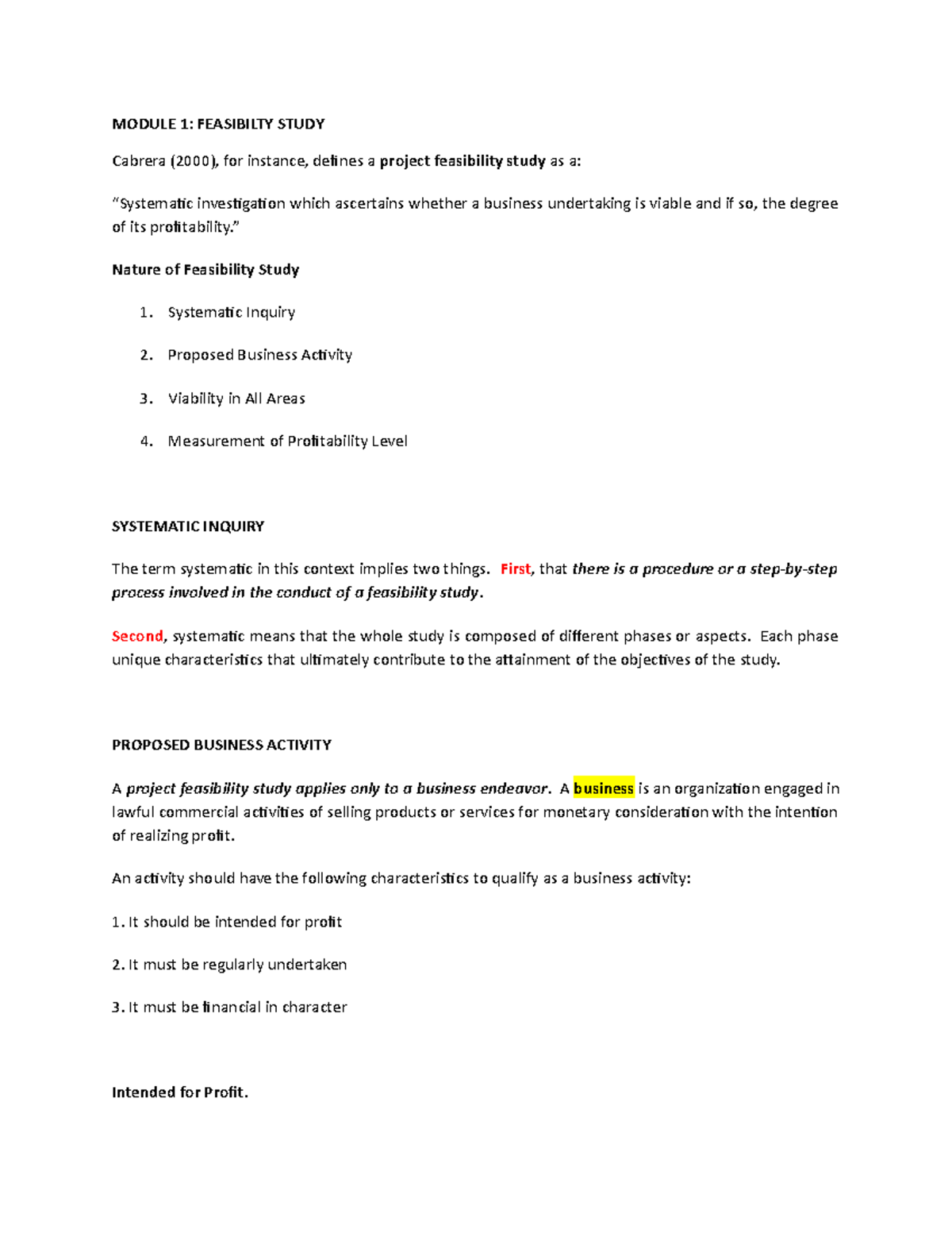 Feasib- Module-2 - MODULE 1: FEASIBILTY STUDY Cabrera (2000), for ...