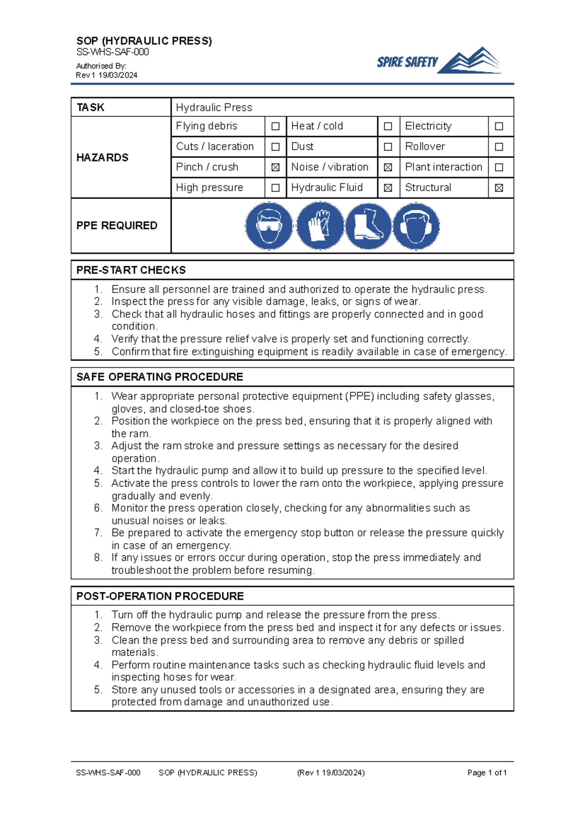 SS WHS SAF 000 Safe Operating Procedure Hydraulic Press - SOP ...