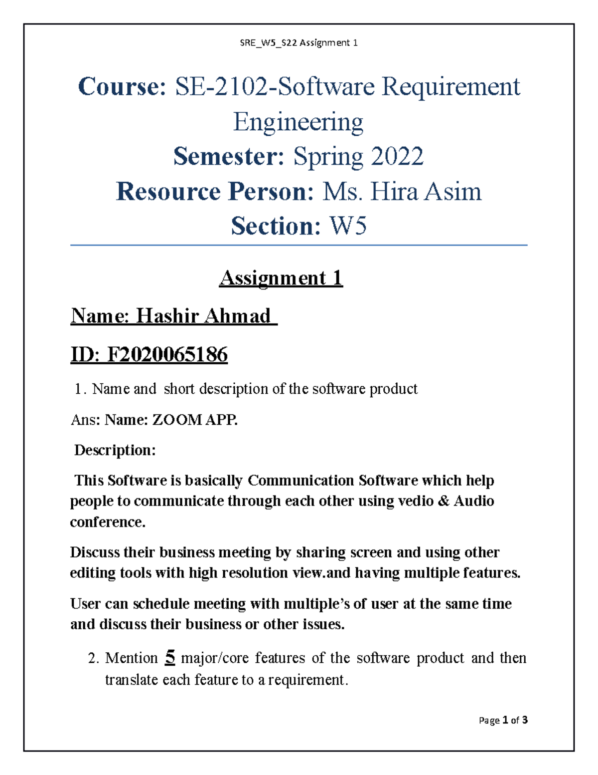 Assignment for idfentify Requirements of software products - SRE_W5_S22 Assignment 1 Course ...