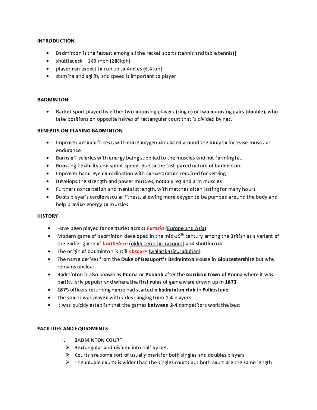 P.e Notes - INTRODUCTION Badminton is the fastest among all the racket ...