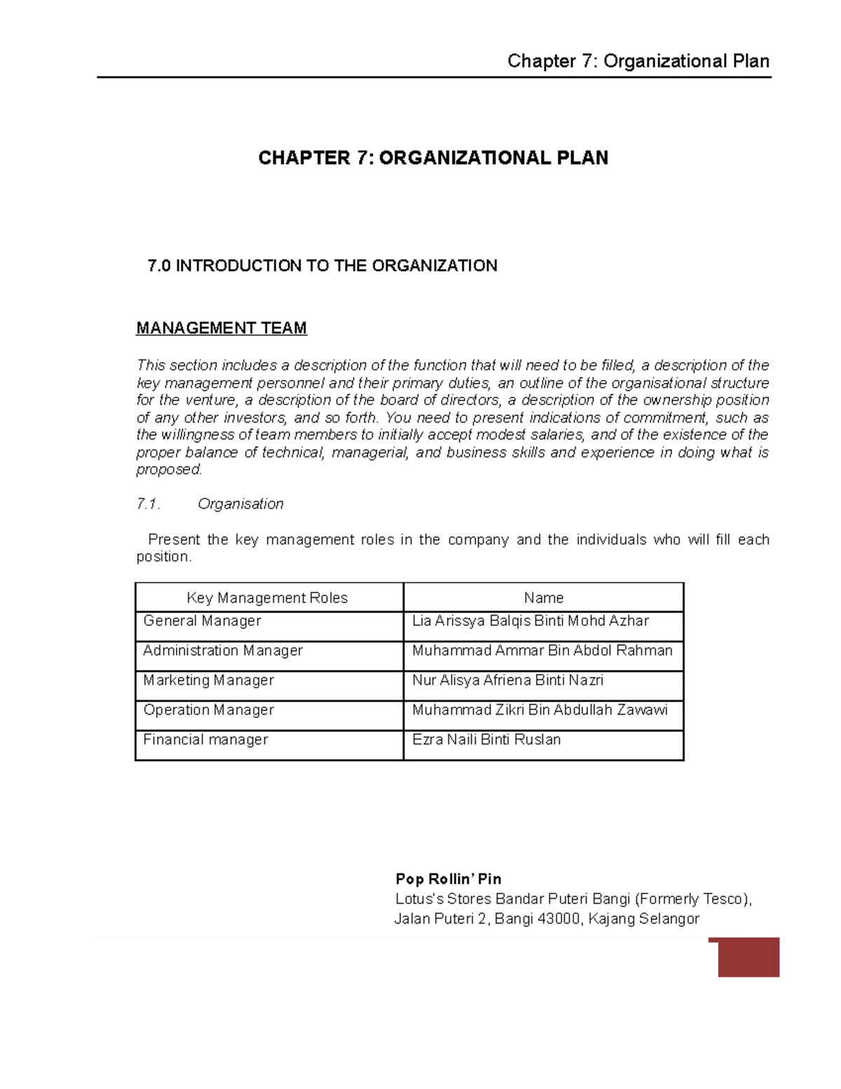 Organizational PLAN ENT530 Latest - CHAPTER 7: ORGANIZATIONAL PLAN 7 ...