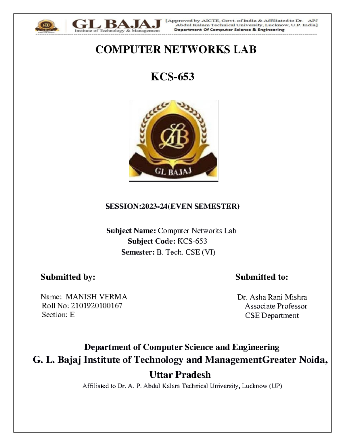 Cn file - cn lab file - KCS- 653 SESSION:2023-24(EVEN SEMESTER) Subject ...