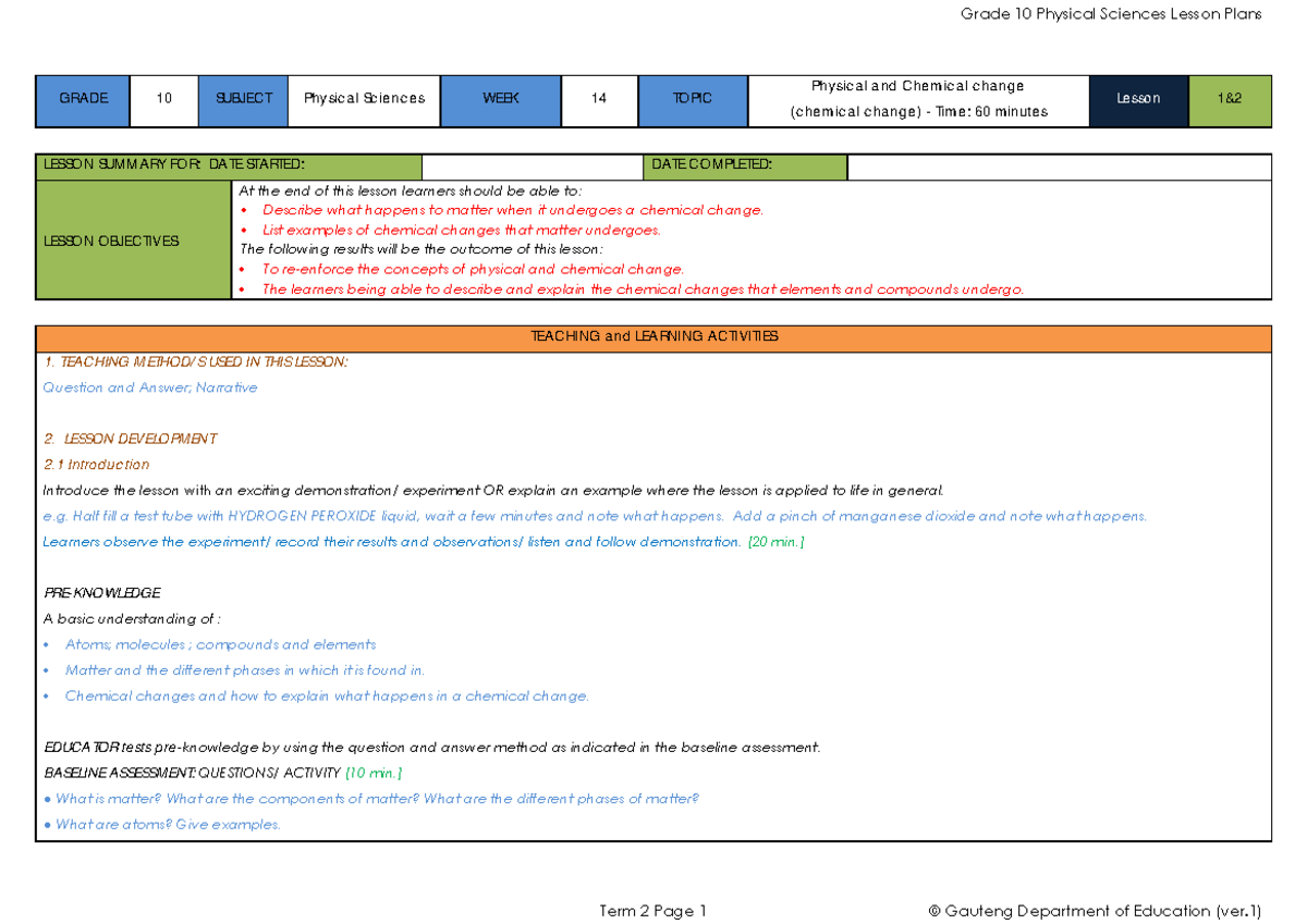 Physical sciences grade 10 term 2 - GRADE 10 SUBJECT Physical Sciences ...