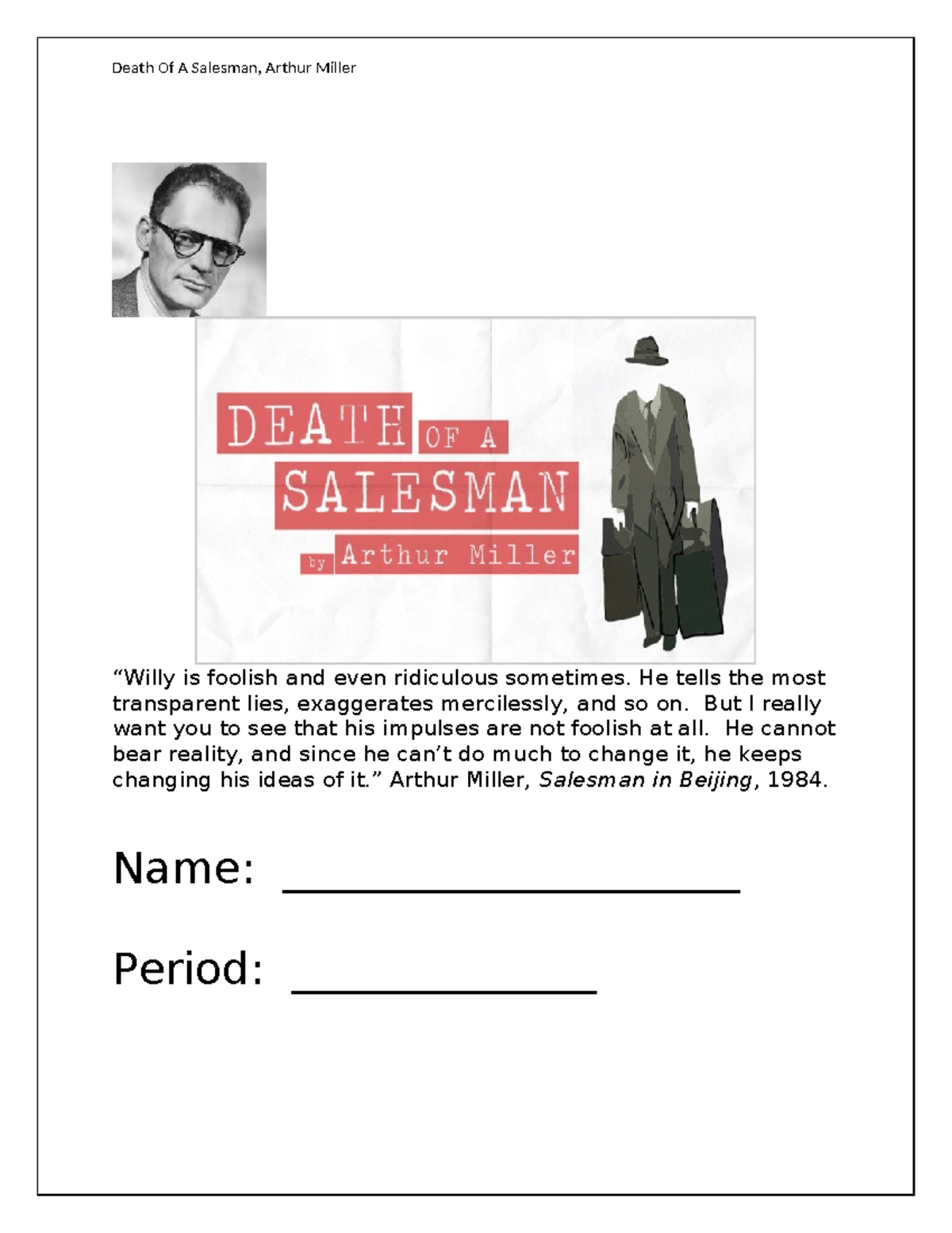 DOAS study packet - Summary Death of a Salesman - “Willy is foolish and ...