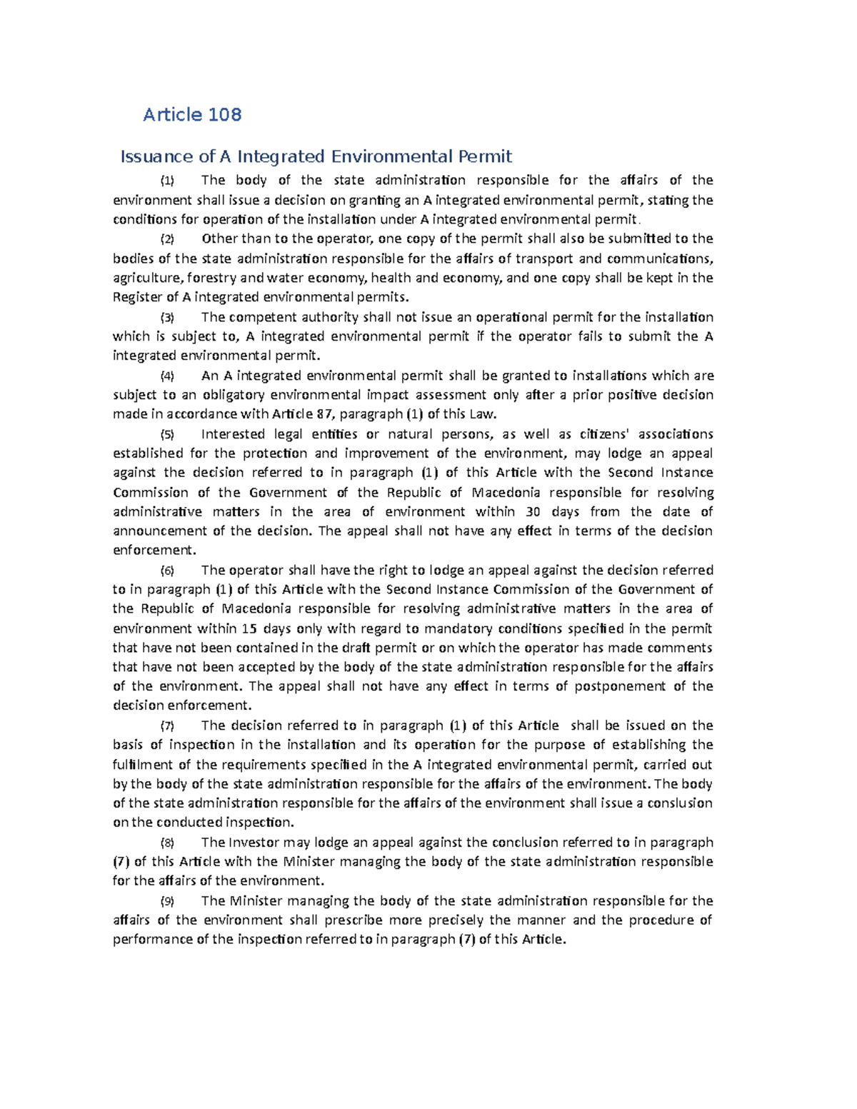 Environmental law m20 - Article 108 Issuance of A Integrated ...