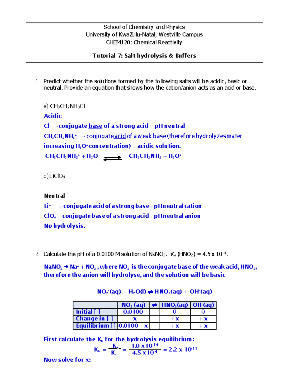 Tut 6 Hydrolysis and Buffers Memo - School of Chemistry and Physics University of KwaZulu-Natal ...