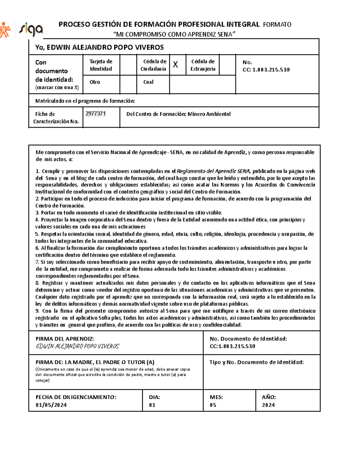 GFPI-F-015 Formato Compromiso del Aprendiz 3 - PROCESO GESTIÓN DE FORMACIÓN PROFESIONAL INTEGRAL ...