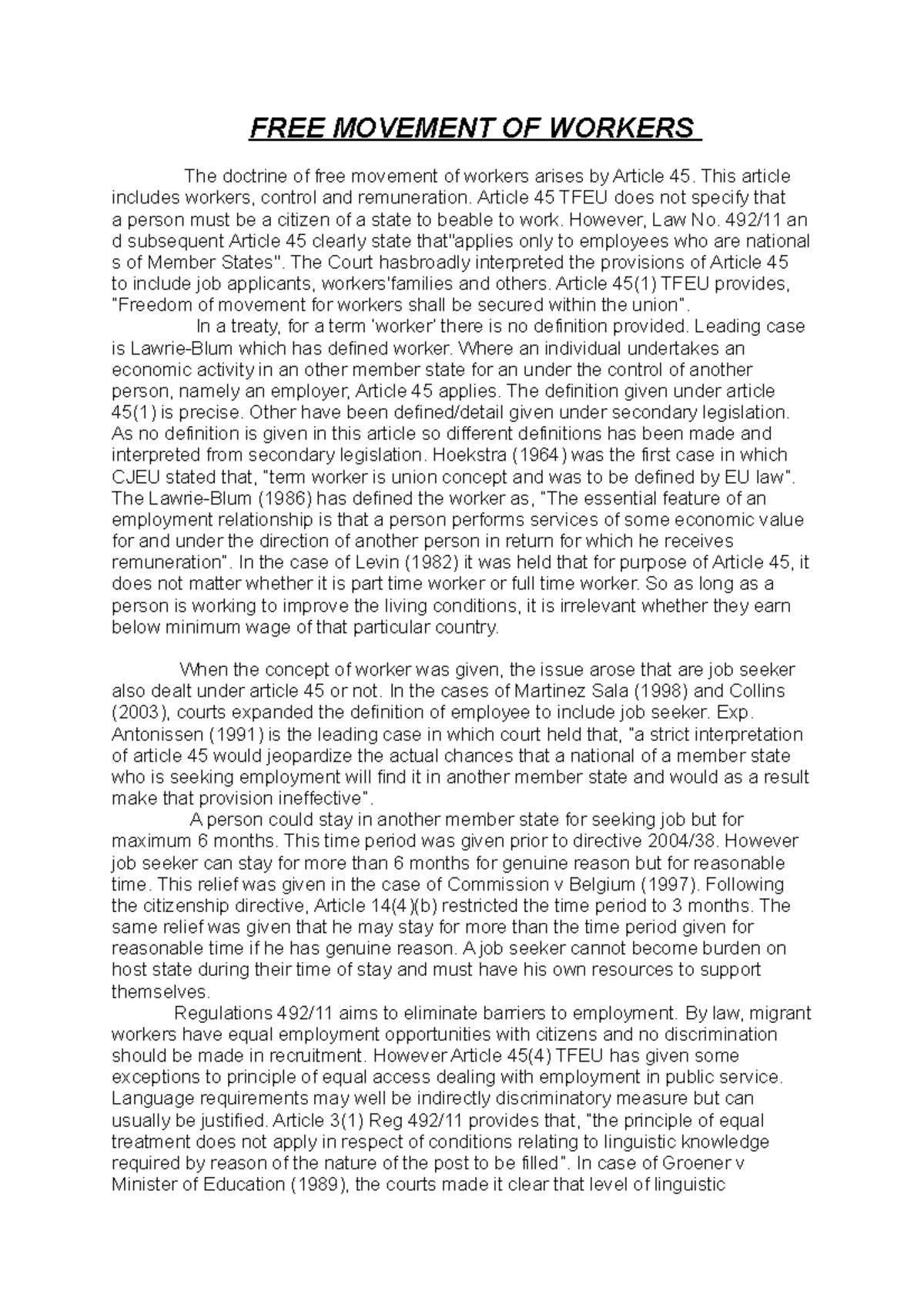 FREE Movement OF Workers - FREE MOVEMENT OF WORKERS The doctrine of ...