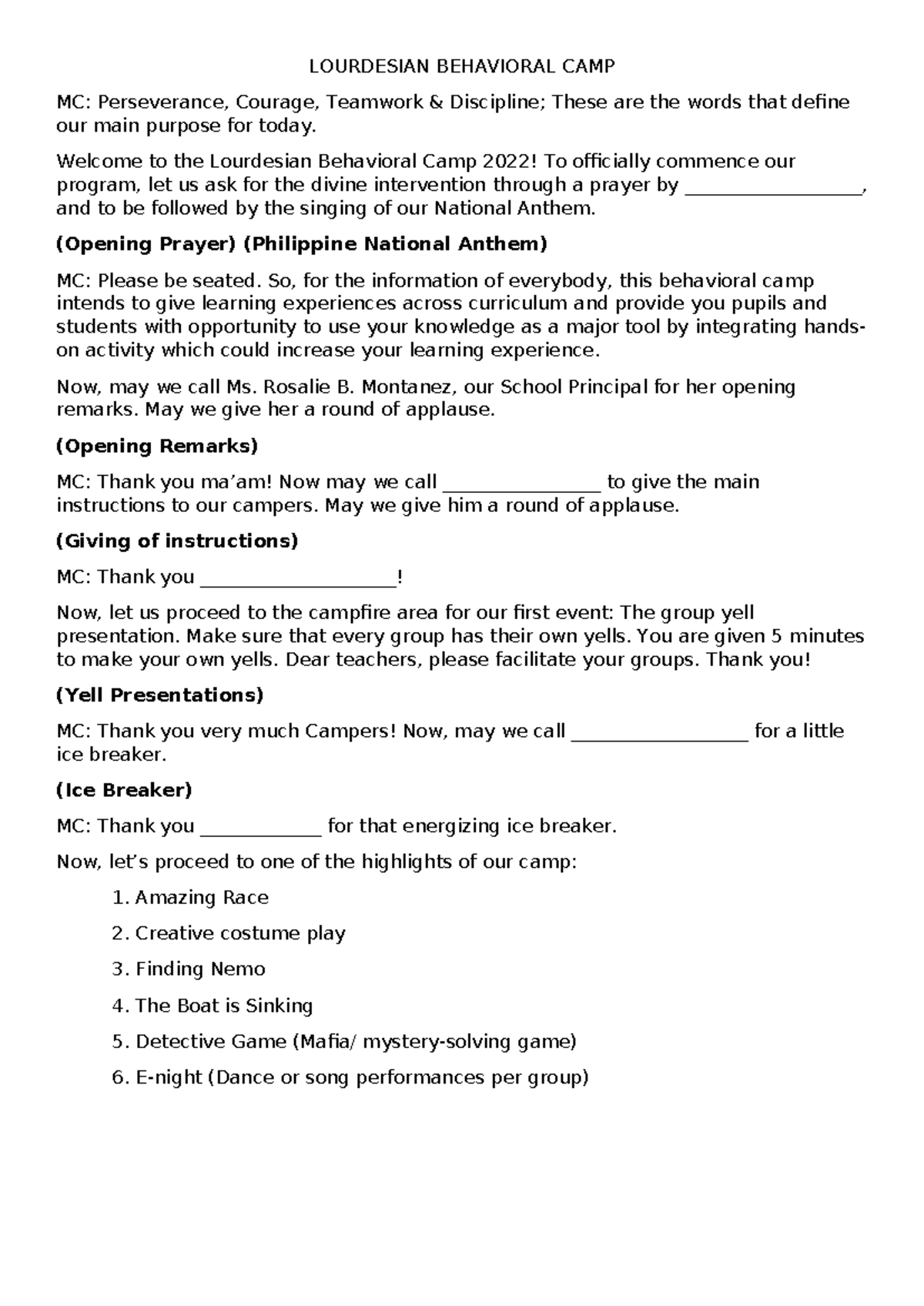 Script - Behavioral CAMP - LOURDESIAN BEHAVIORAL CAMP MC: Perseverance ...