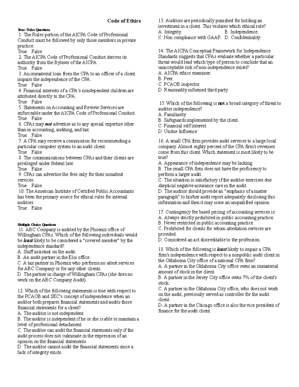 Code of Ethics - Code of Ethics True / False Questions 1. The Rules ...