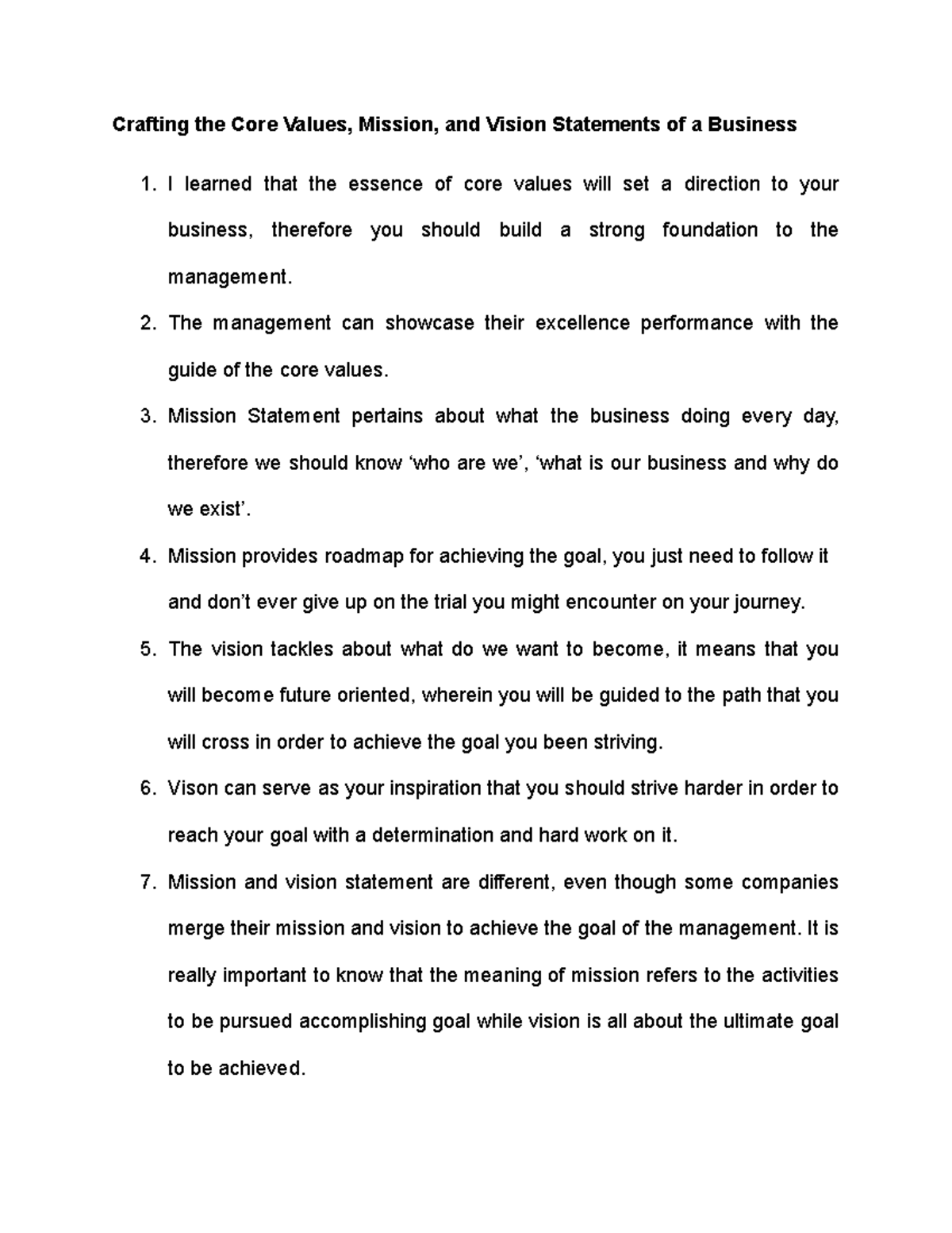 Crafting the Core Values, Mission, and Vision Statements of a Business ...